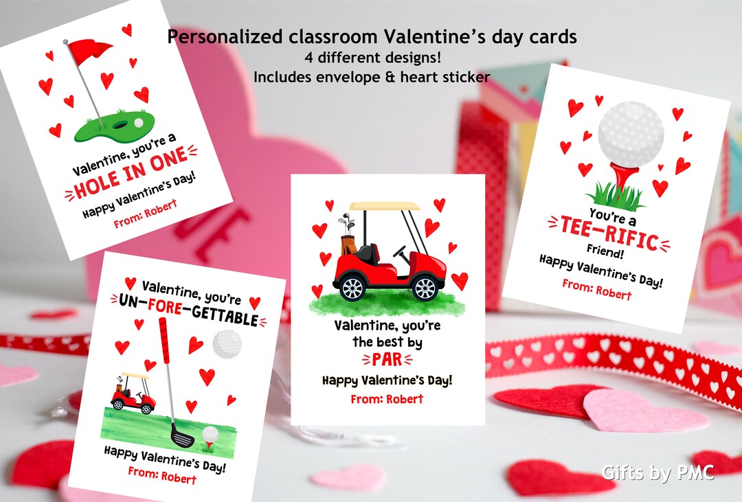 PRINTED Personalized Golf Valentine's Day Cards, Kids Valentines Golf ...
