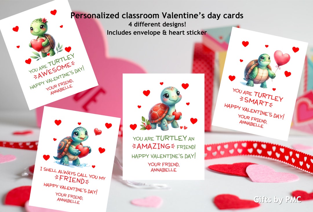 PRINTED Personalized Turtle Classroom Valentine's Day Cards, Turtle ...
