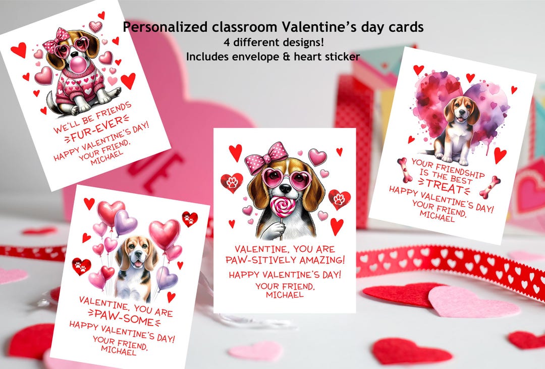 PRINTED Personalized Beagle Classroom Valentine's Day Cards, Beagle ...