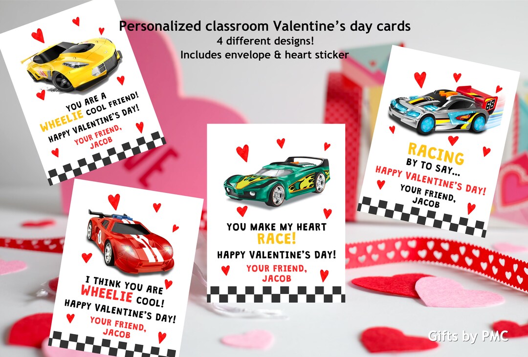 PRINTED Personalized Race Car Valentine's Day Cards , Kids Valentines ...