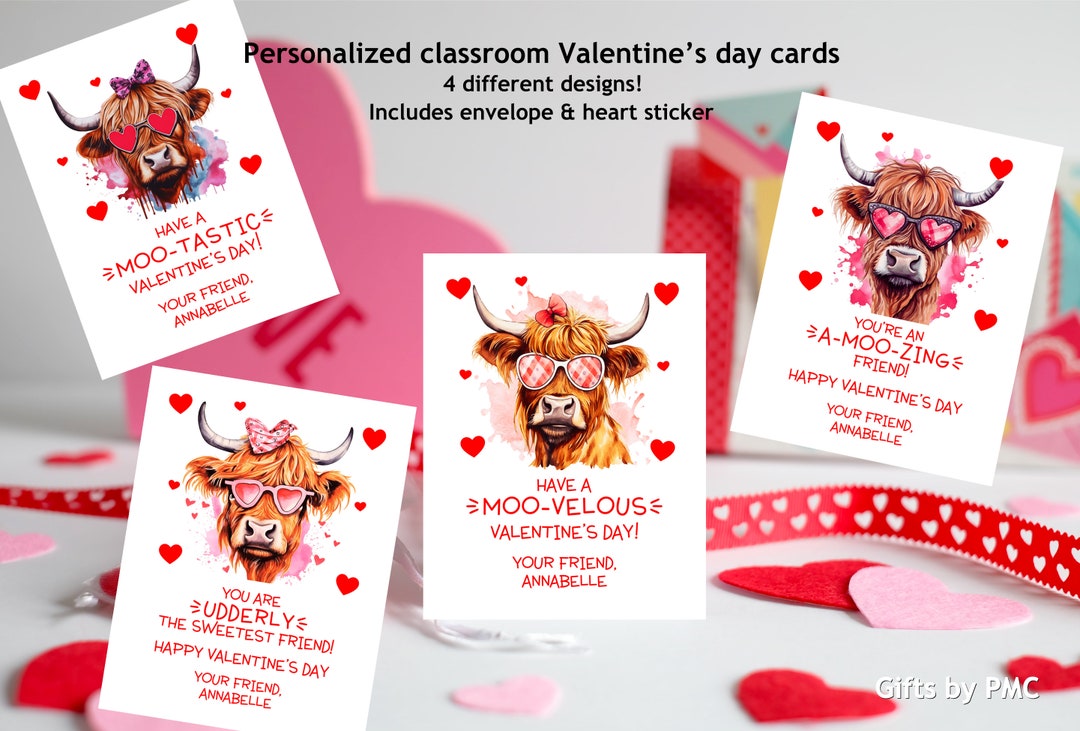 PRINTED Personalized Highland Cow Classroom Valentine's Day Cards ...