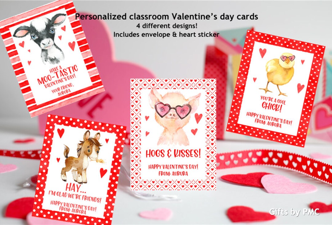 PRINTED Personalized Farm Classroom Valentine's Day Cards, Farm ...
