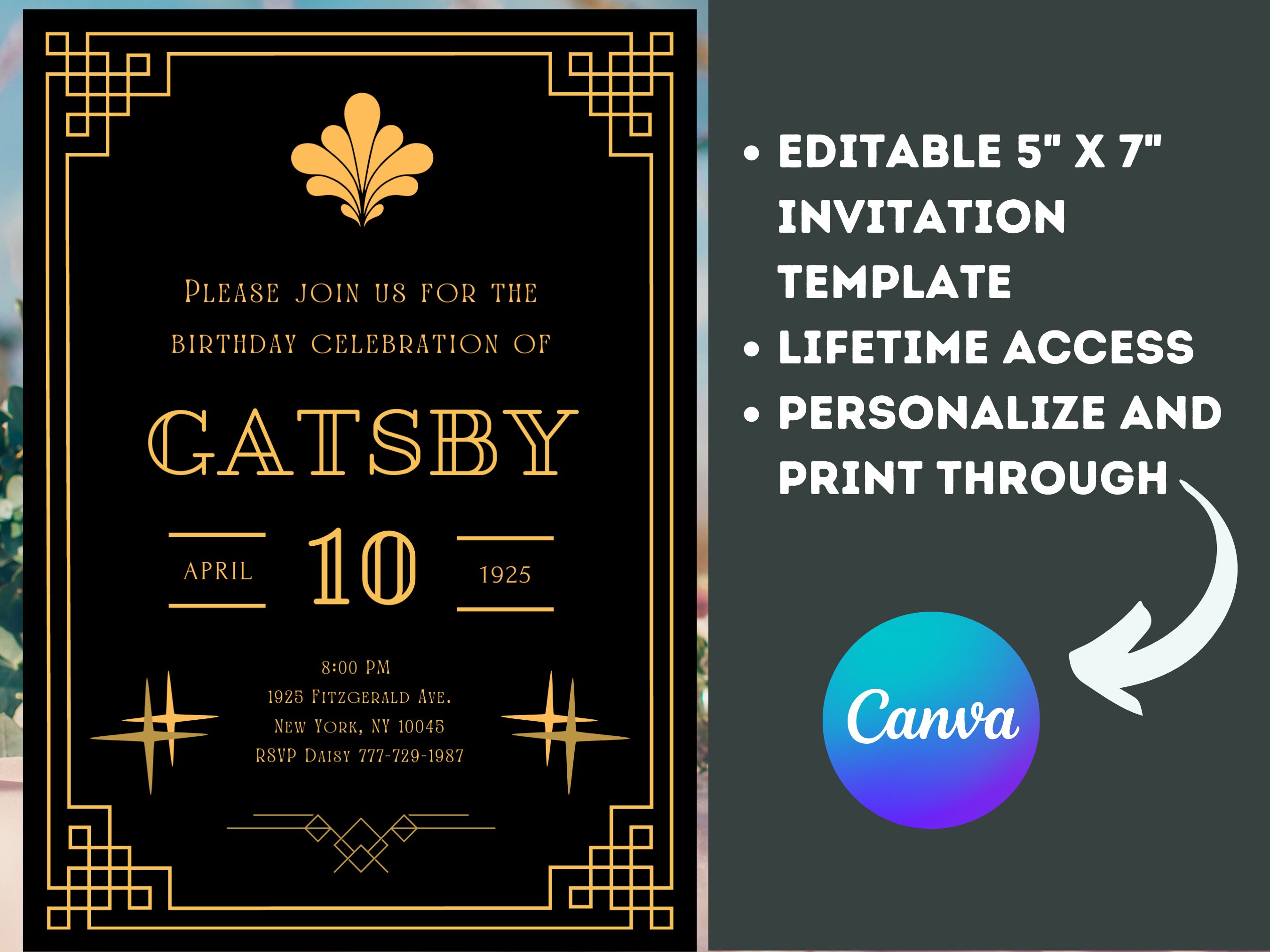The Great Gatsby Birthday Invitation Canva Template | Gatsby 1920s ...