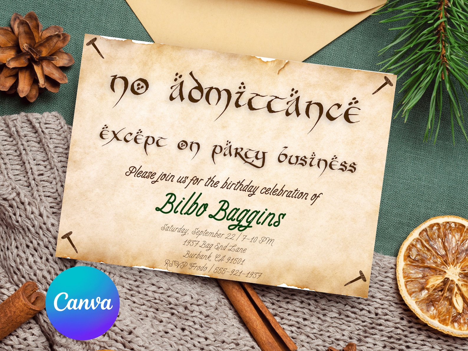 Hobbit Birthday Sign Invitation Canva Template | LOTR Birthday ...