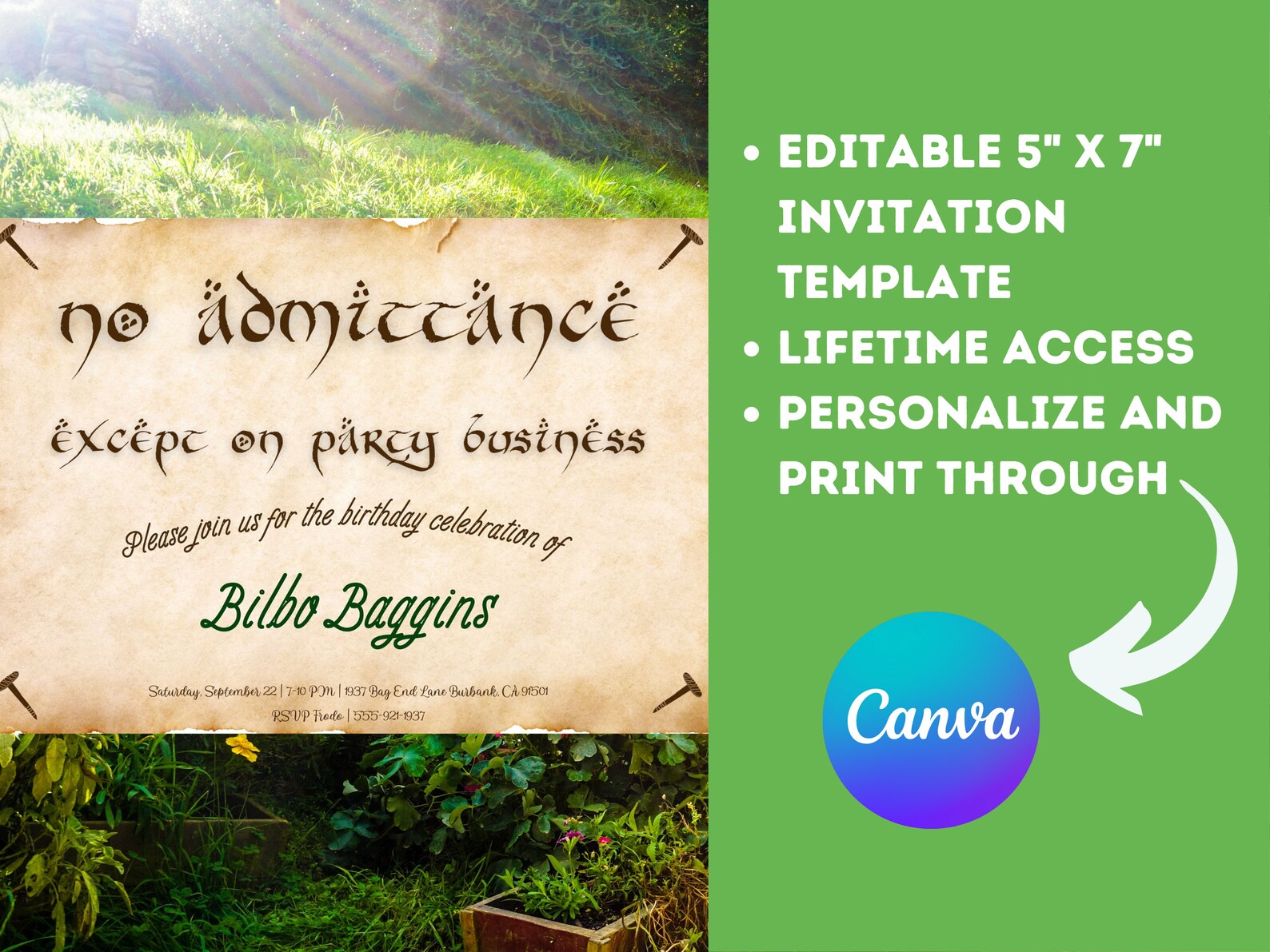 Hobbit Door Sign Birthday Invitation Canva Template | LOTR Birthday ...