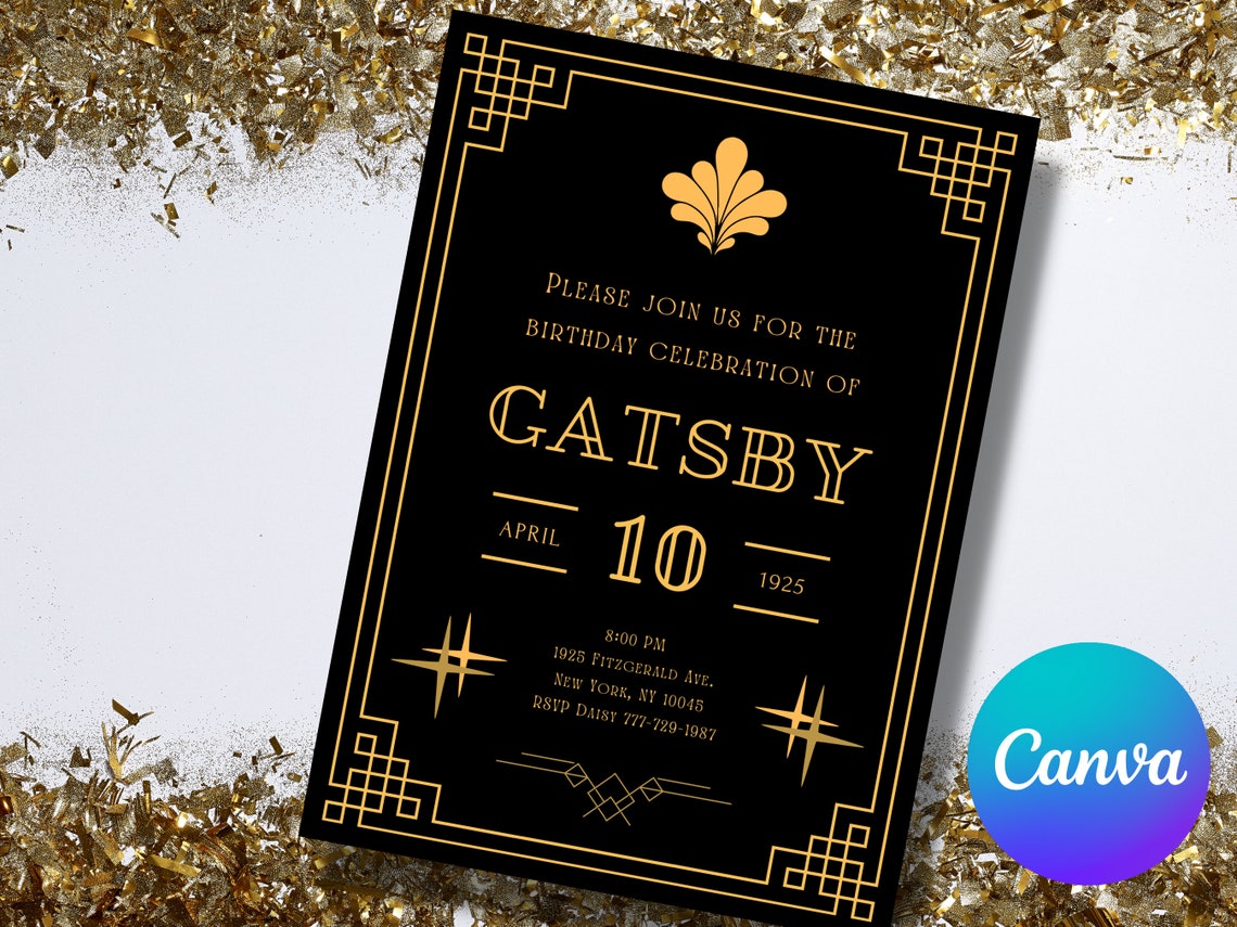 The Great Gatsby Birthday Invitation Canva Template | Gatsby 1920s ...