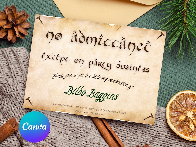 Hobbit Door Sign Birthday Invitation Canva Template | LOTR Birthday ...