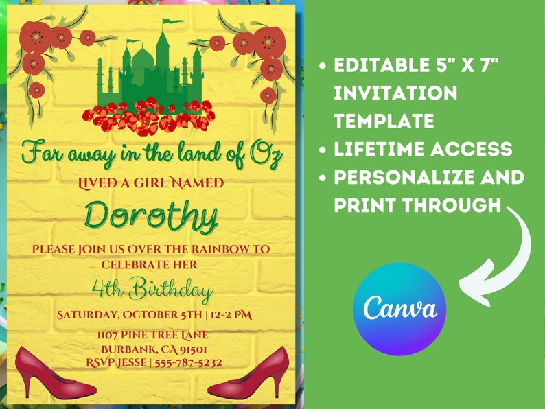 Wizard of Oz Birthday Invitation: Emerald City Canva Template - Etsy