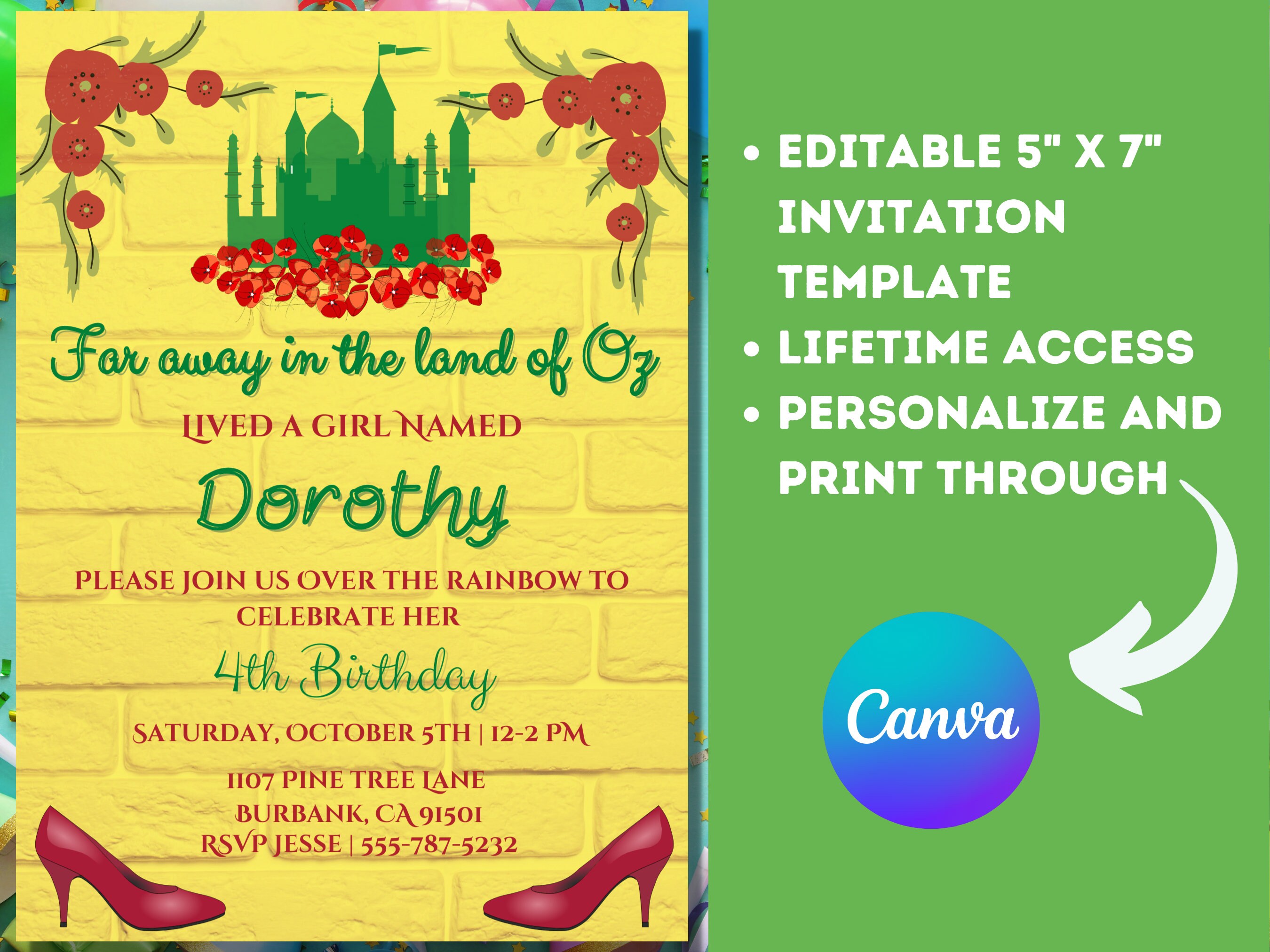 Wizard of Oz Invitation Canva Template Dorothy Birthday Invitation ...