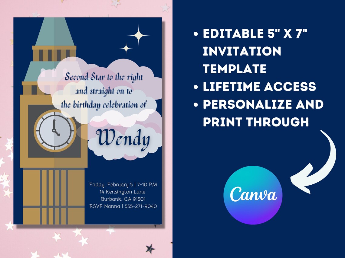 Peter Pan Invitation Canva Template | Peter Pan Birthday Invitation ...