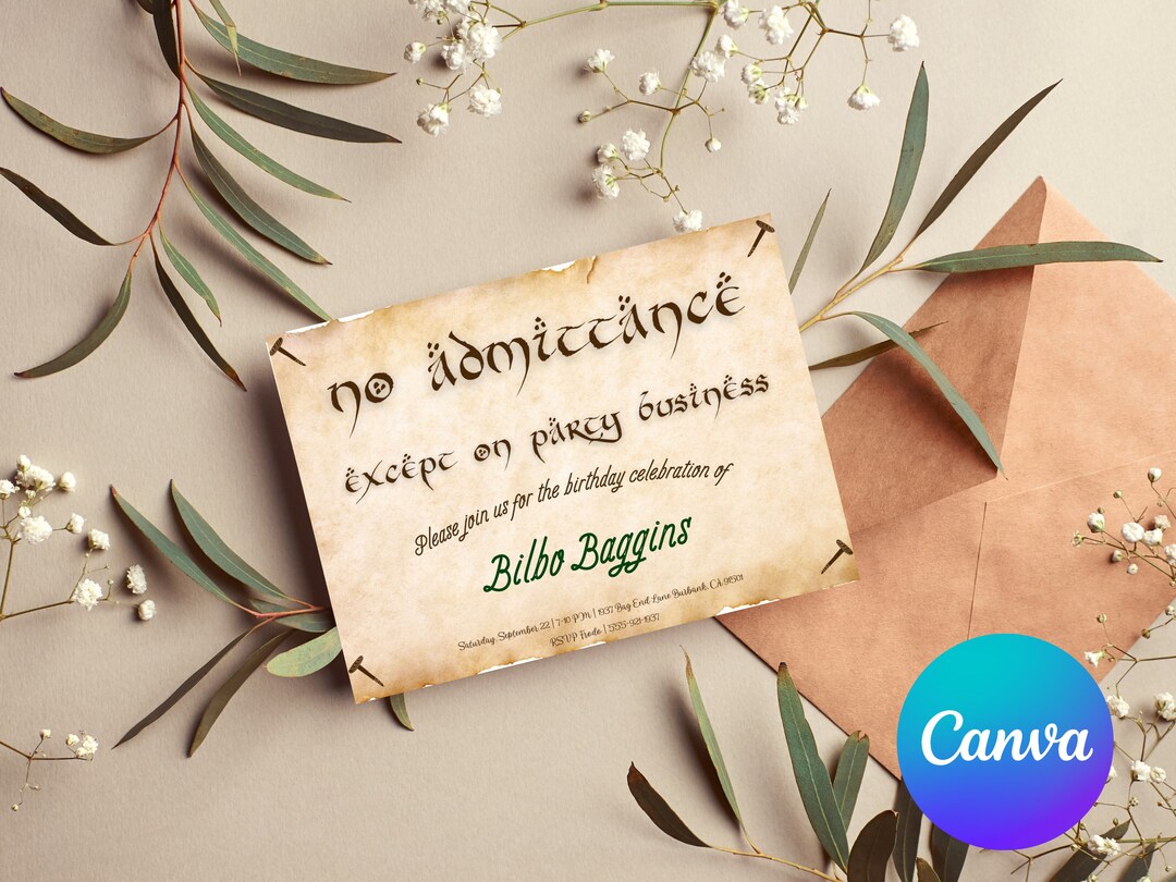 Hobbit Door Sign Birthday Invitation Canva Template | LOTR Birthday ...