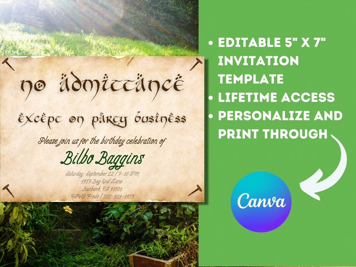 Hobbit Birthday Sign Invitation Canva Template | LOTR Birthday ...