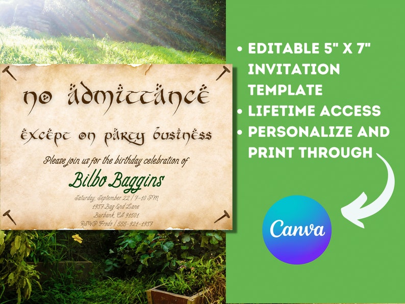 Hobbit Birthday Sign Invitation Canva Template | LOTR Birthday ...