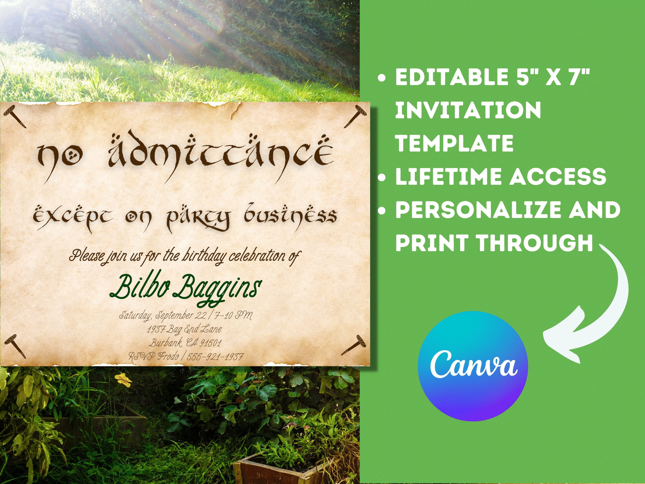 Hobbit Birthday Sign Invitation Canva Template | LOTR Birthday ...