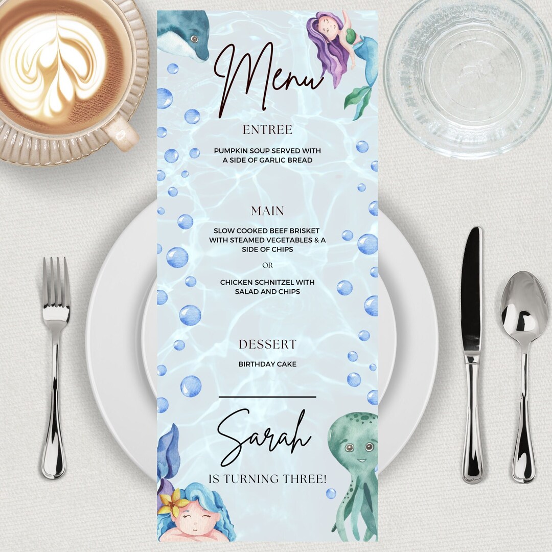 Editable Blue Mermaid Under the Sea Menu Girls Ladies Teens - Etsy