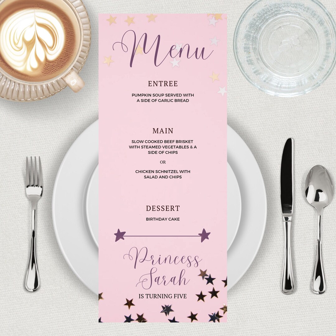 EDITABLE Princess Birthday Menu Princess Girls Party Menu - Etsy