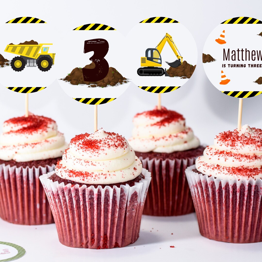 EDITABLE Construction Cupcake Toppers, Bulldozer Cupcake Toppers, Crane ...