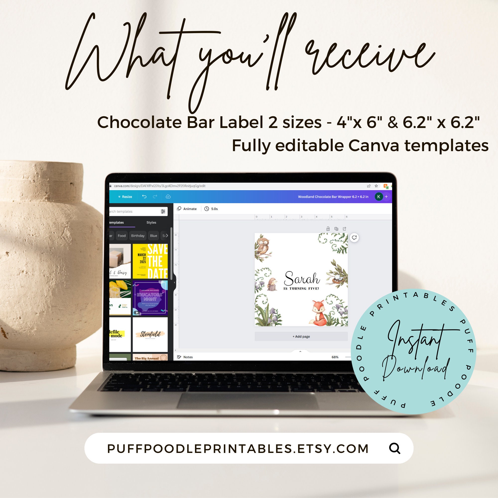 EDITABLE Woodland Friends Chocolate Bar Label, Candy Bar Label ...