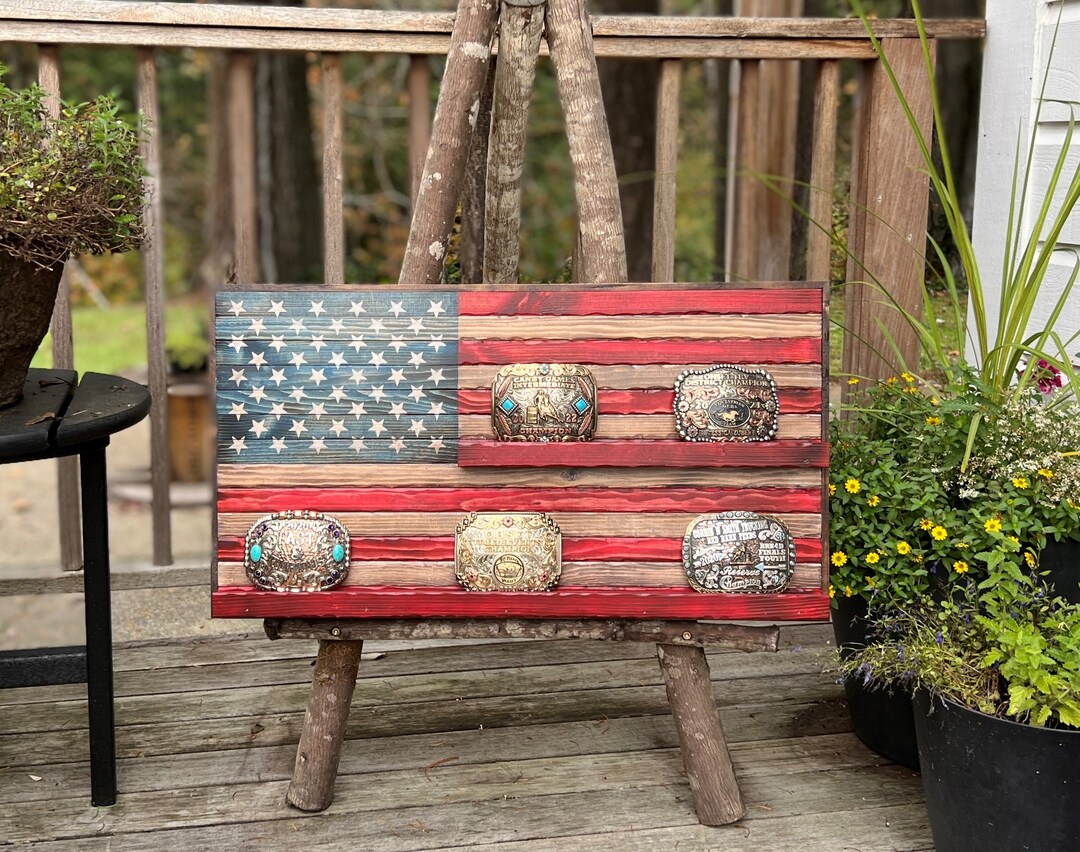 Wood American Flag Wall Display, Holder for Western Buckle or Other ...