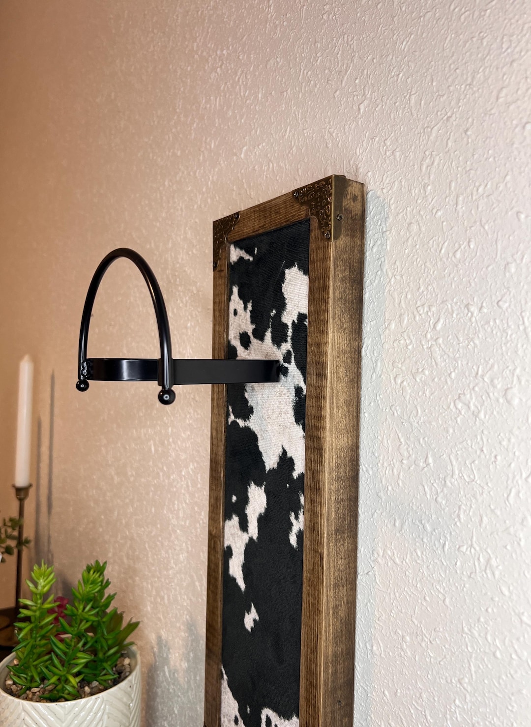 Rustic Western Cowboy Hat Rack. Faux Black and White Cowhide With ...