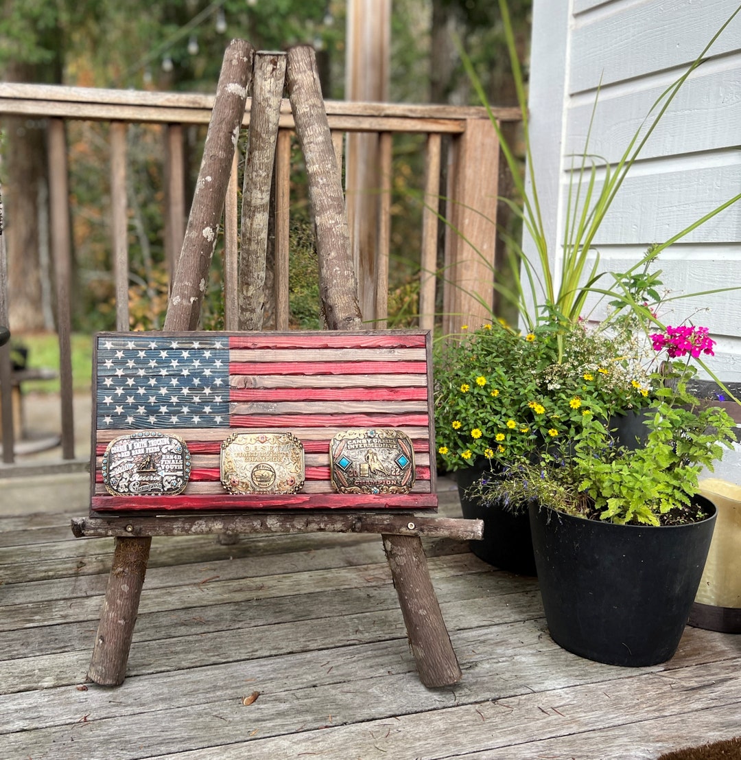 Small Rustic Wood American Flag Wall Display, Holder for Western Buckle ...