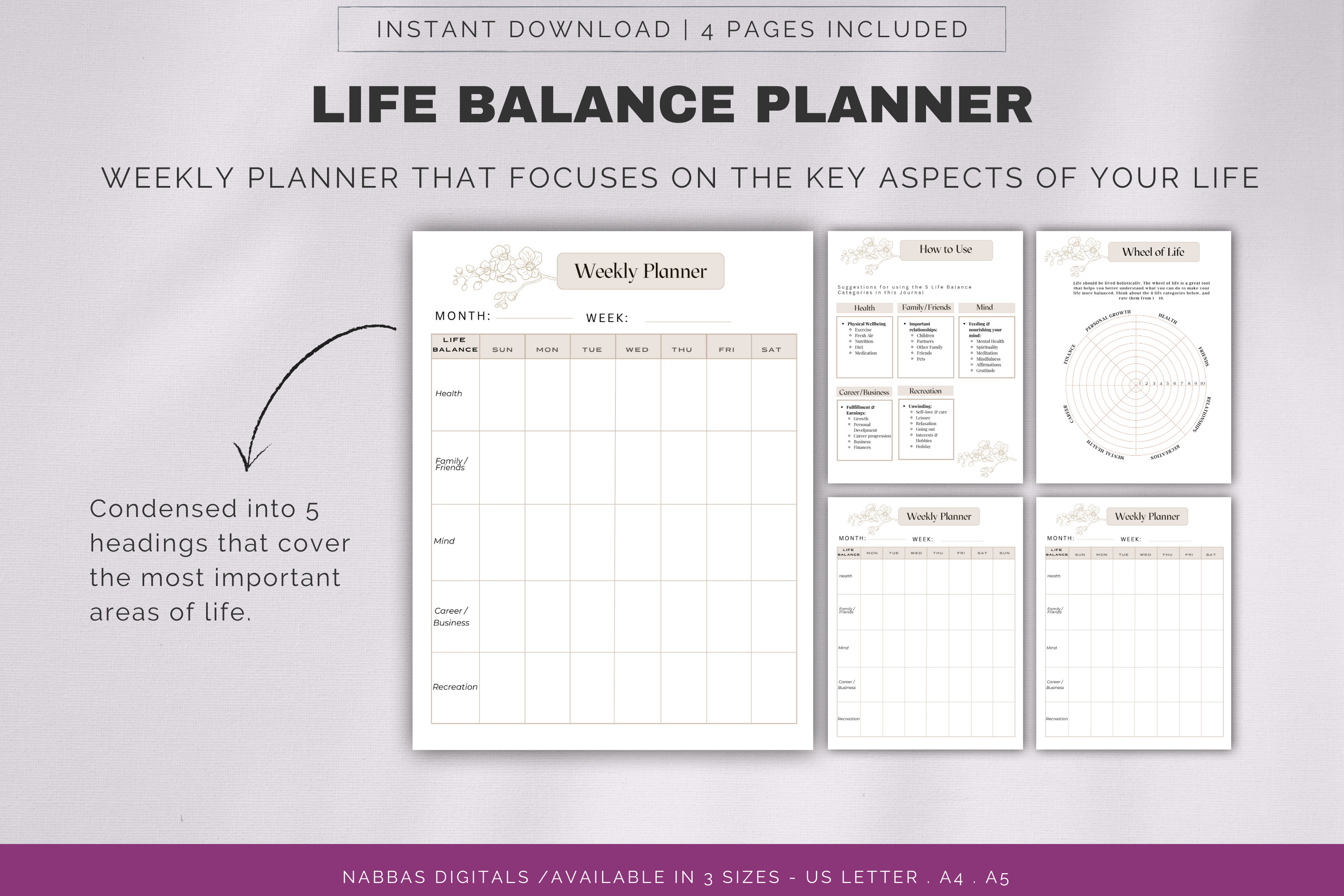Life Balance Planner, Life and Work Planner, Undated PDF Planner, Wheel ...
