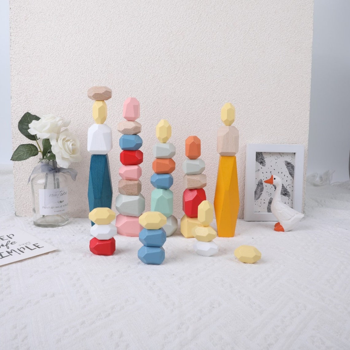 Wood Lacing Toy Balancing Toy, Montessori Stacking Rocks Toy, Balancing ...