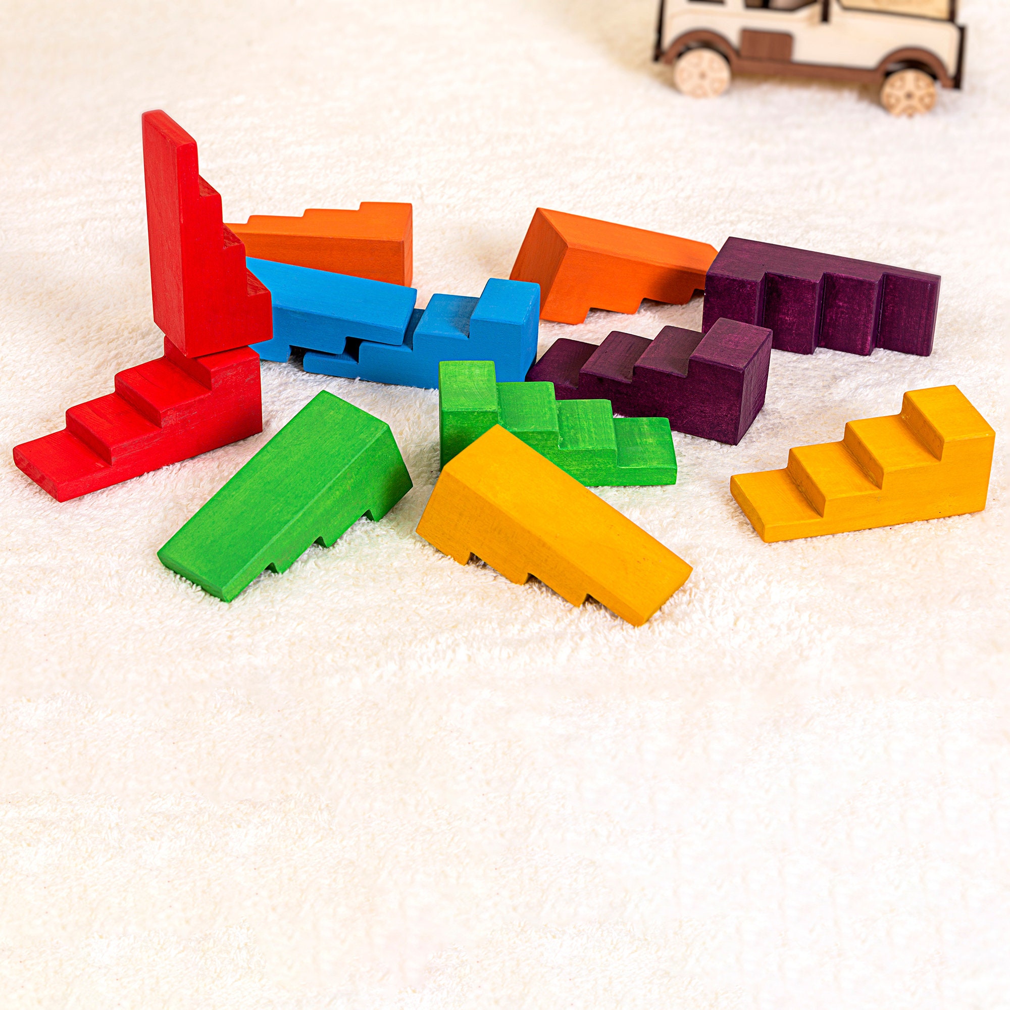 Wooden Stacker Stair Toy, Waldorf Rainbow Stair Roofs, Montessori ...
