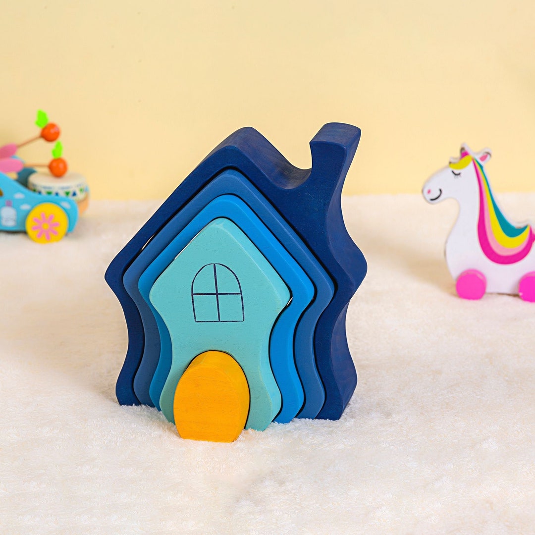 Wooden Blue Bungalow House Toys, Waldorf House Puzzle Toys, House ...