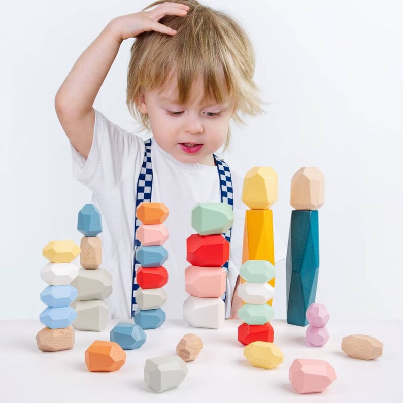 Wood Lacing Toy Balancing Toy, Montessori Stacking Rocks Toy, Balancing ...