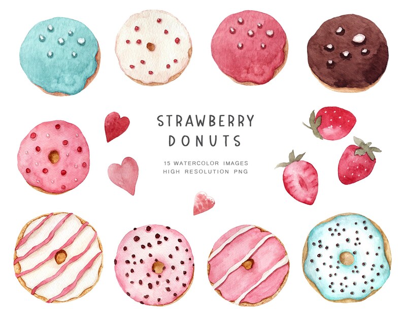 Watercolor Donuts Clipart 15PNG, Strawberry Donuts, Valentine's Day ...