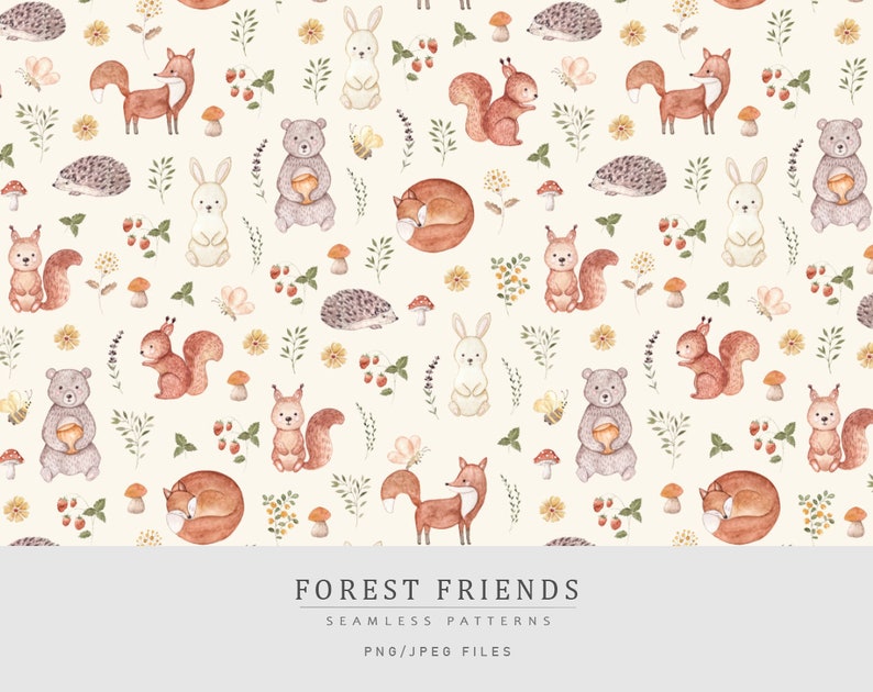 Watercolor Forest Pattern Woodland Animals Pattern Fabric - Etsy