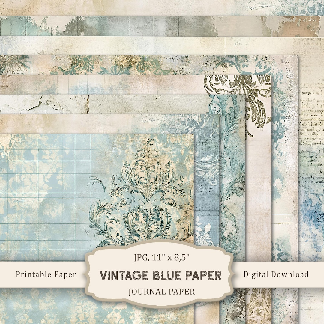 Vintage Blue Printable Paper, Blue Junk Journal Pages, Shabby Chic ...