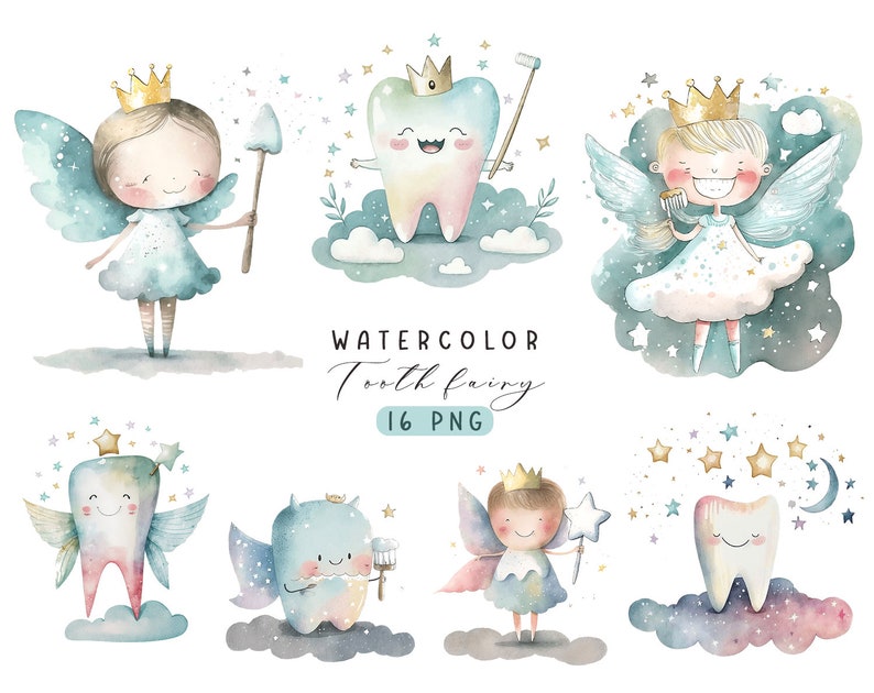 Watercolor Tooth Fairy Clipart – 16 PNG Baby Graphics (digital Download ...
