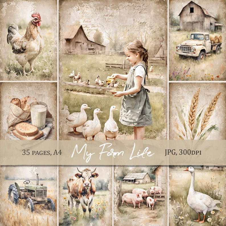 A4 Farm Life Junk Journal Kit, Watercolor Farmhouse Pages, Cottagedecor ...