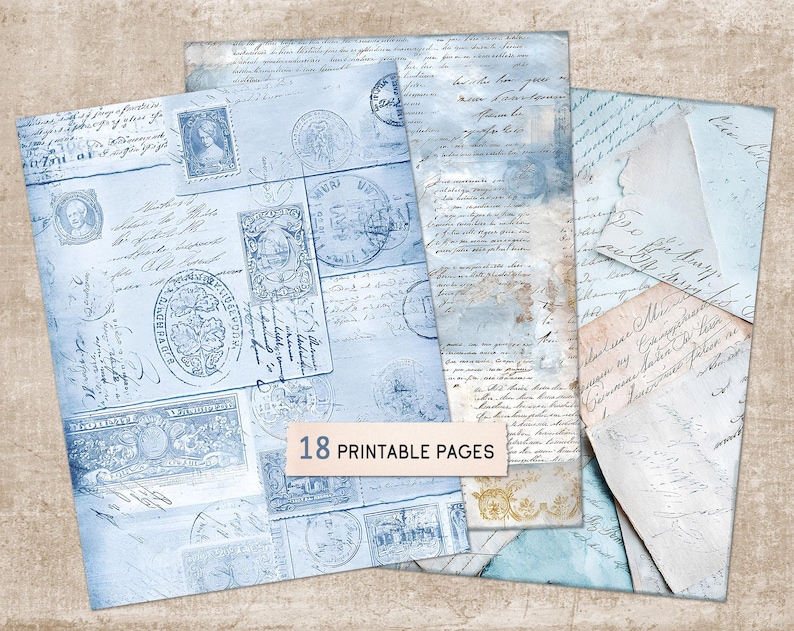 Blue Postage Paper, Letter Collage, Vintage Ephemera, Scrapbooking ...