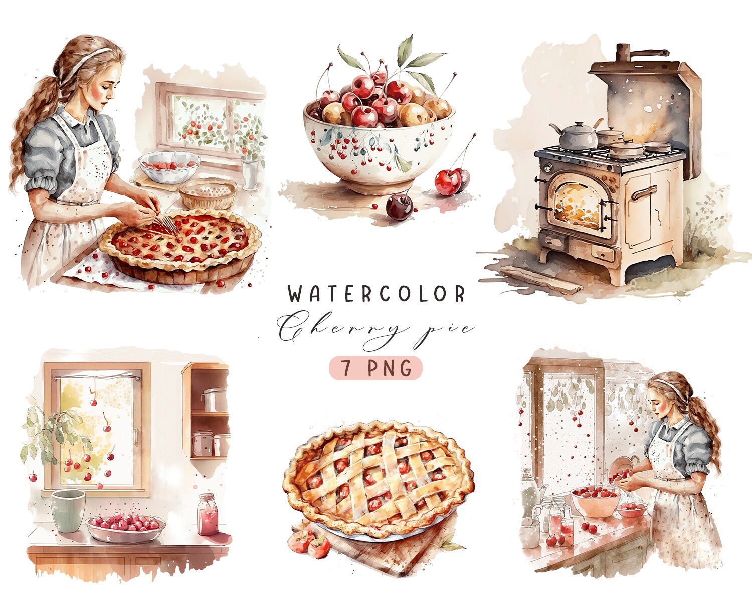Cherry Pie Clipart, Girl Bakes Pie Clipart, Kitchen Clipart, Cooking ...