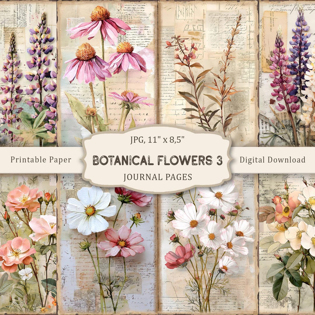 Botanical Flowers-3 Junk Journal Pages, Flowers Memories, Scrapbooking ...