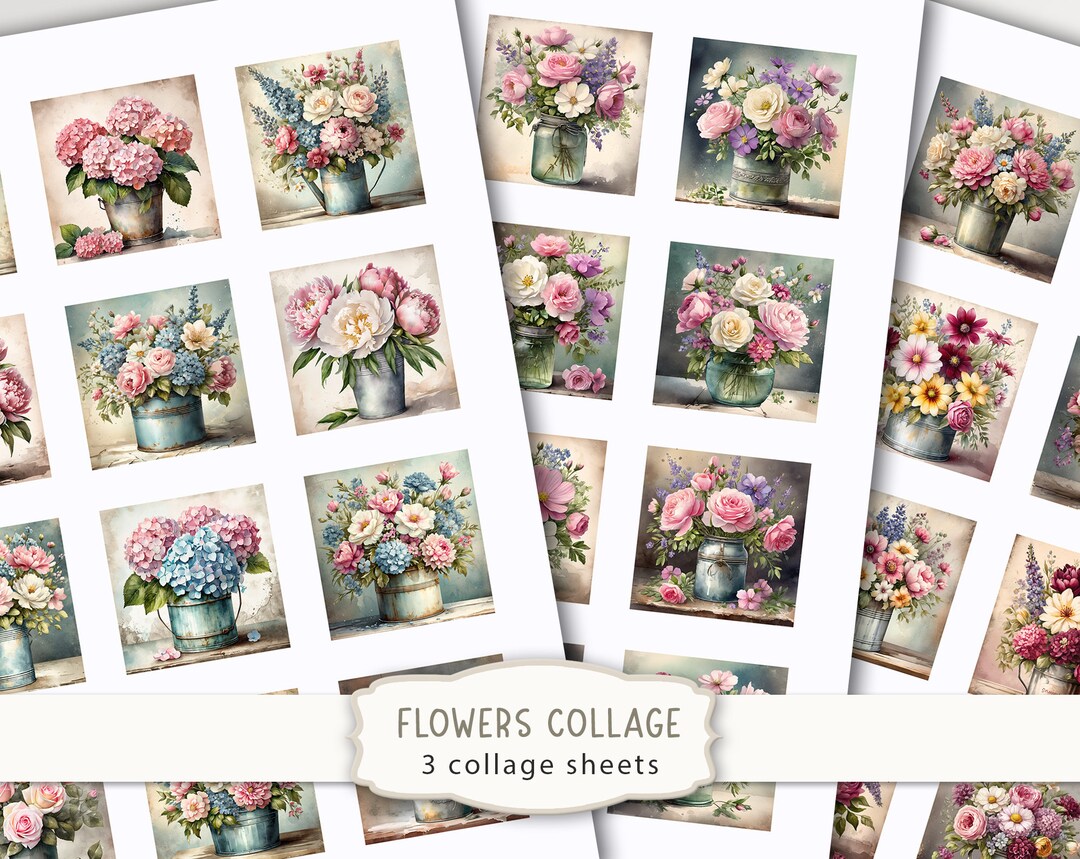 Digital Flower Collage Sheets, Printable 2"x2" Square Images, Digital ...