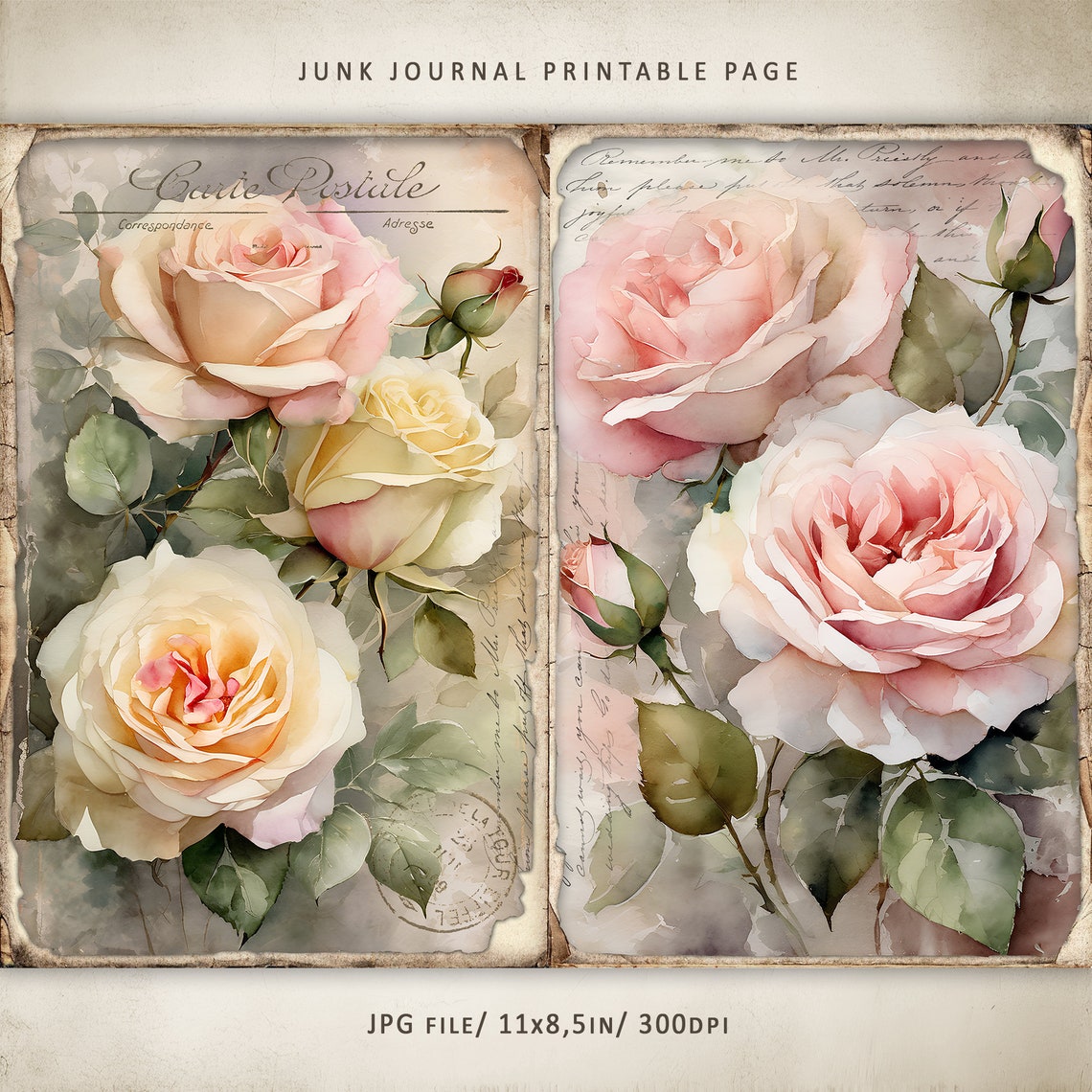 Rose Garden Junk Journal Kit, Watercolor Shabby Chic Roses Printable ...