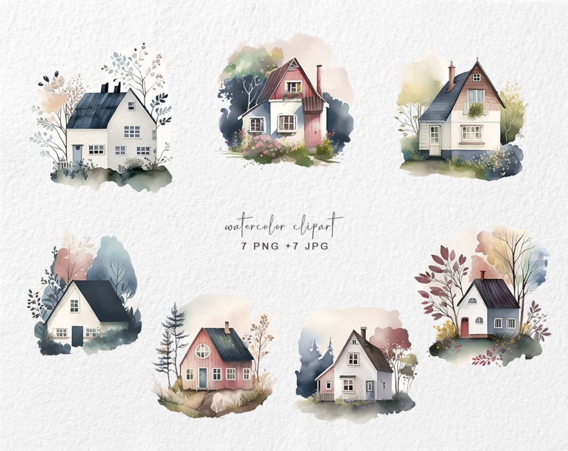Scandinavian Watercolor House Clipart Houses Drawing - Etsy