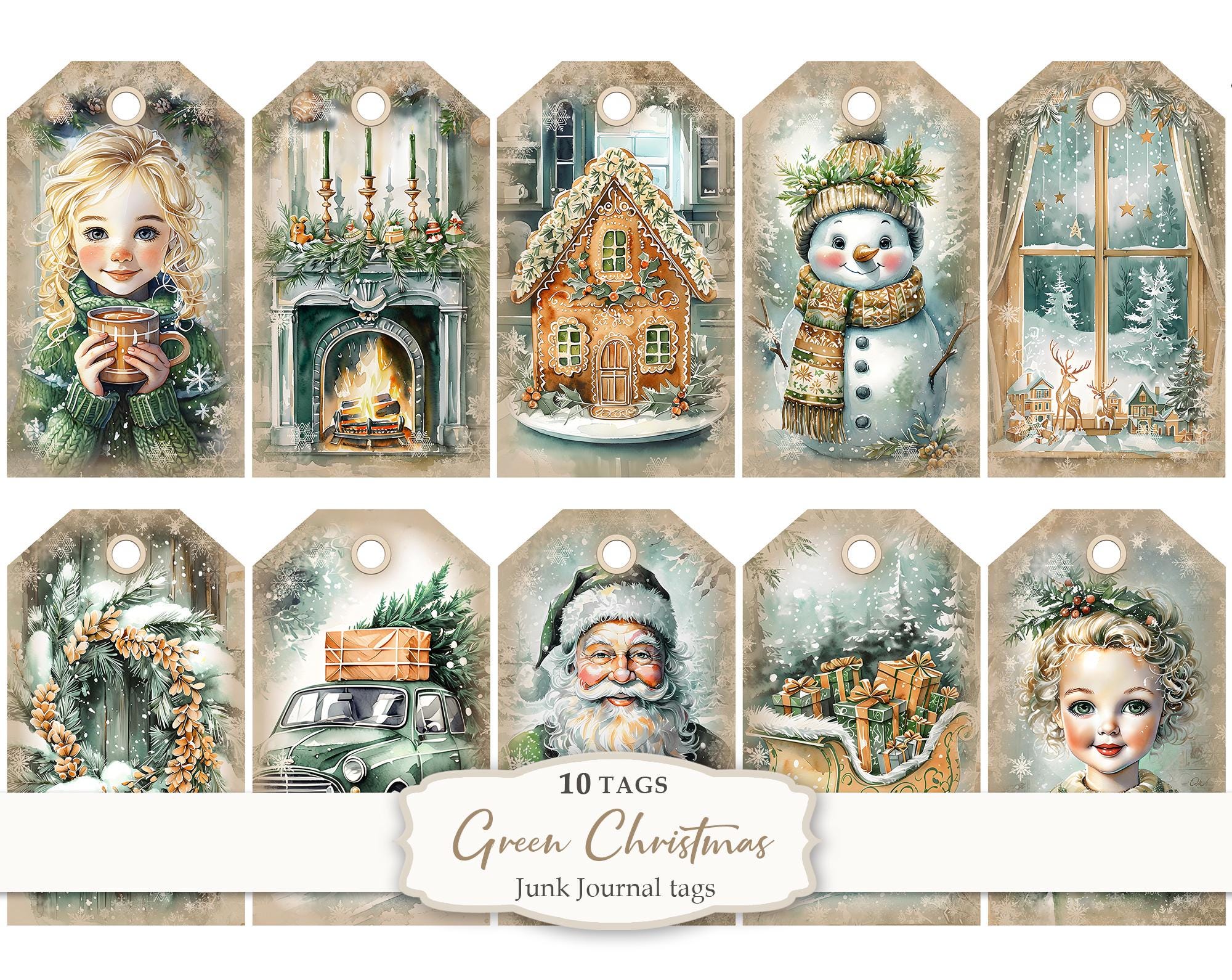 Green Christmas #1 Tags, Santa Labels, Journal Supplies, Gifts Decor ...