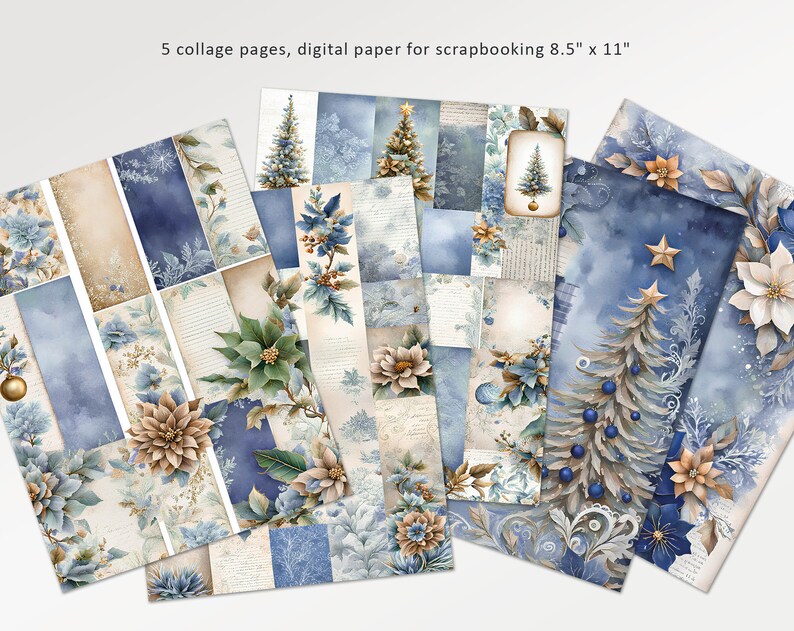 Indigo Christmas- 5 Junk Journal Pages Kit, Scrapbooking Paper ...