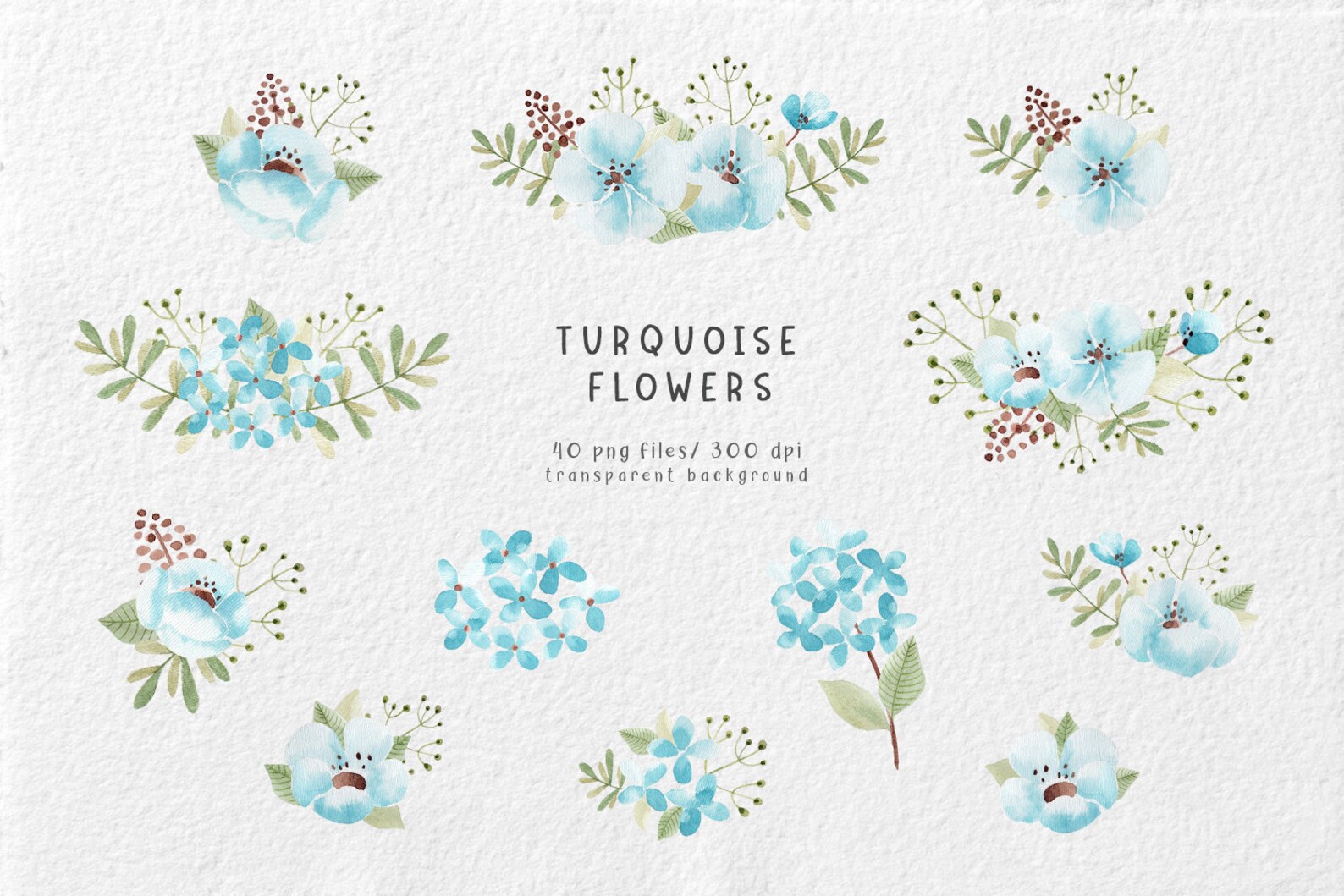 Watercolor Flowers Clipart Turquoise Flowers Flower Clipart - Etsy