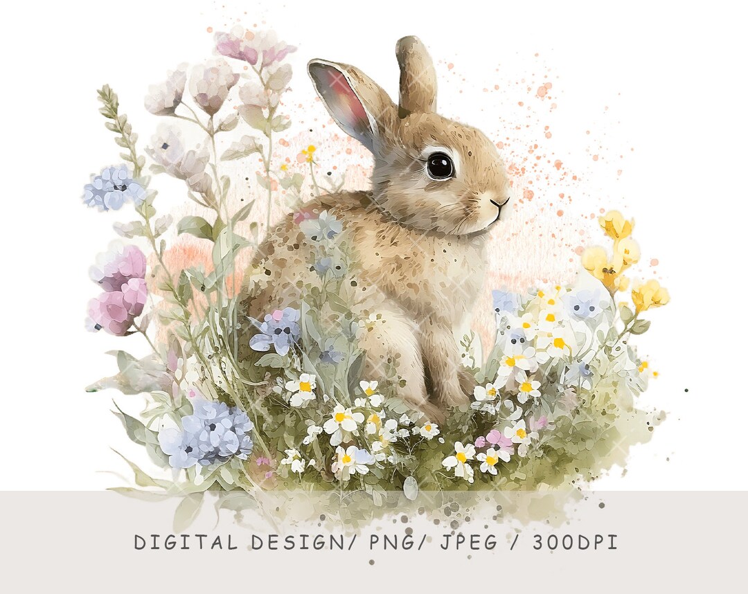 Sublimation Rabbit Watercolor Design, Cute Rabbit in Wildflowers ...