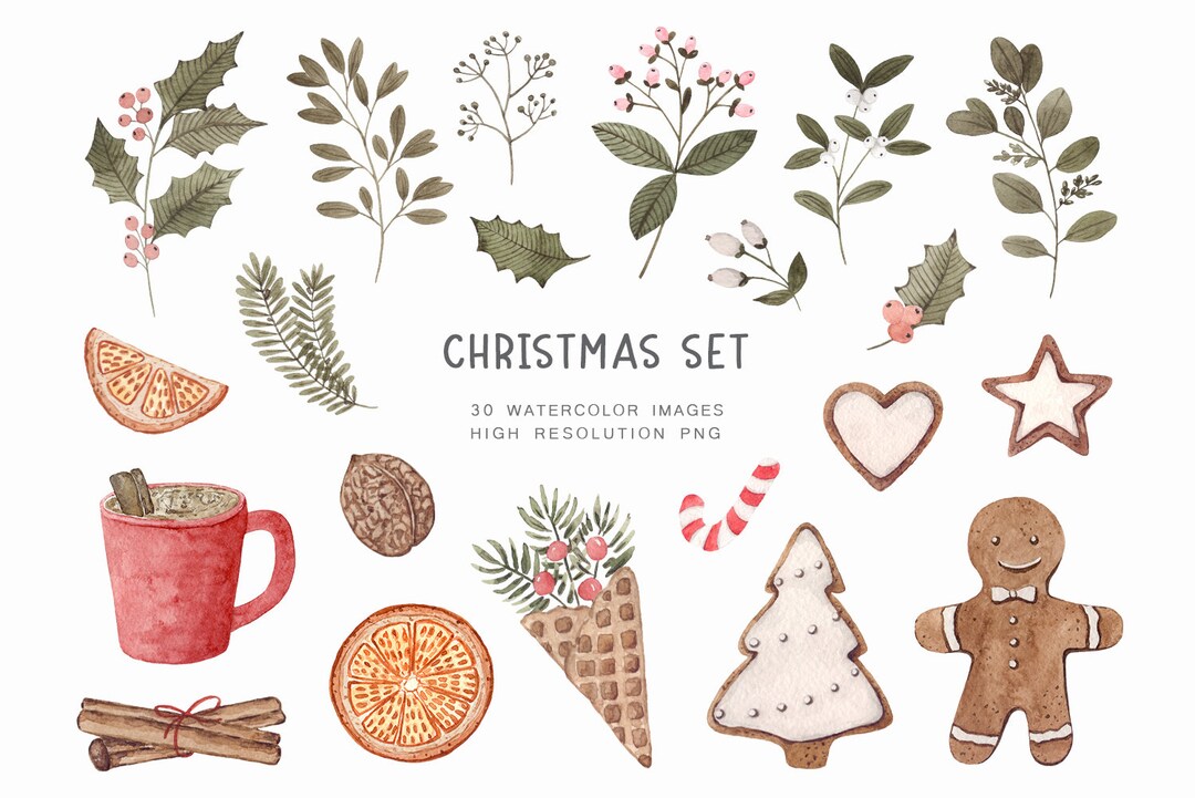 Watercolor Christmas Clipart- 30PNG, Christmas Floral, Christmas ...