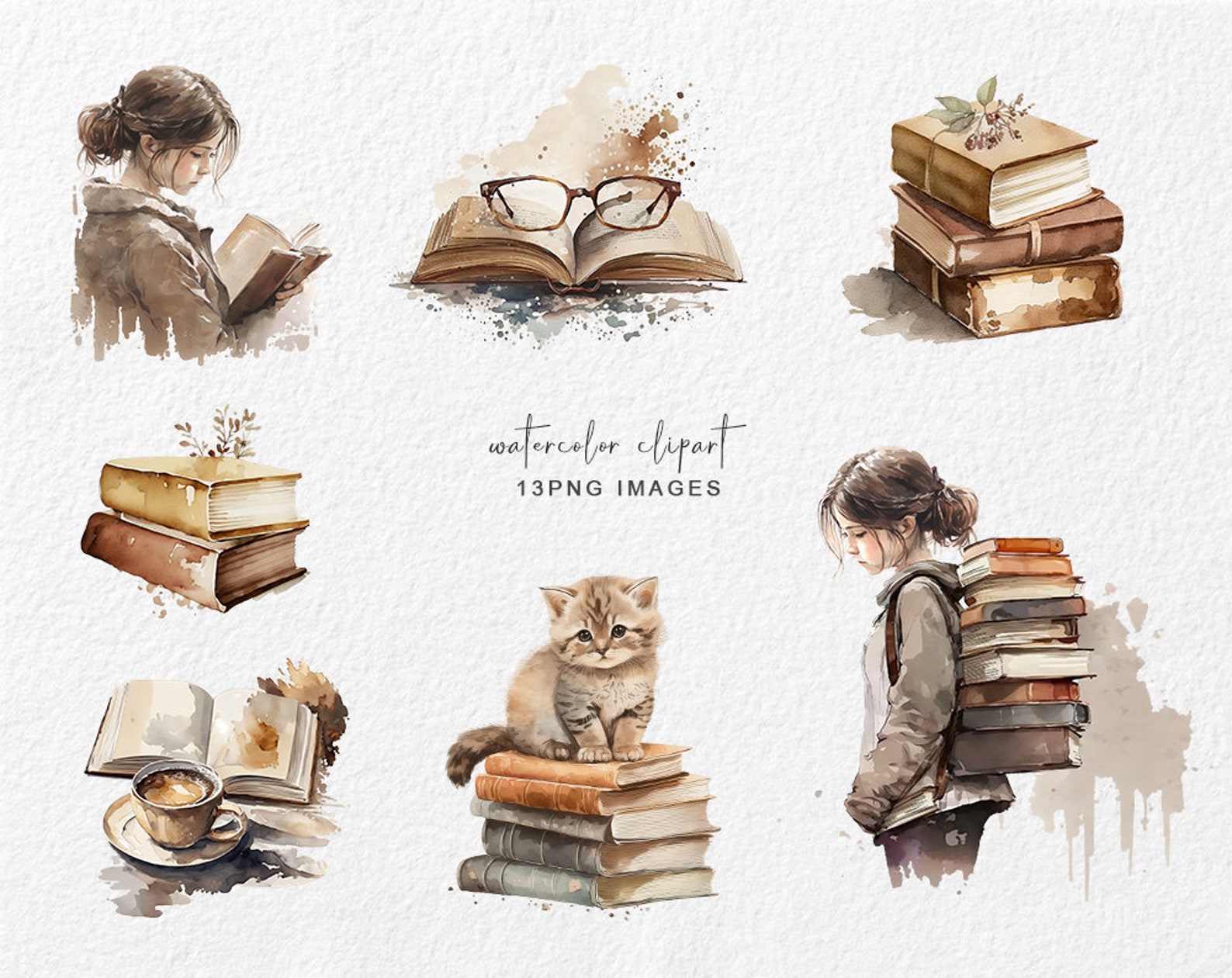 Books Watercolor Clipart, Vintage Book Clipart, Book Cafe, Old Book ...