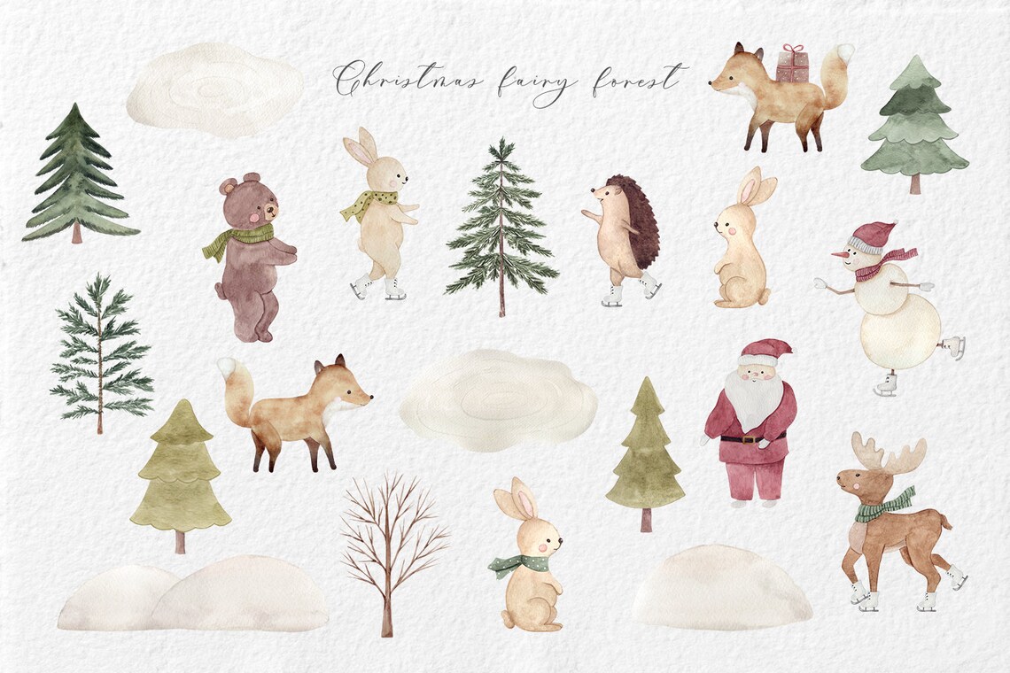 Watercolor Clipart Animals- 86PNG, Christmas Animals, Santa Claus ...