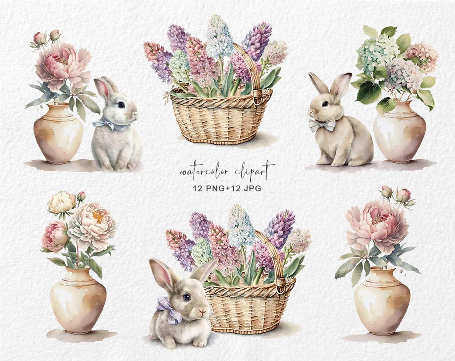 Clipart Rabbits and Flowers, Watercolor Clipart, Rabbits Clipart ...
