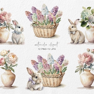 Clipart Rabbits and Flowers, Watercolor Clipart, Rabbits Clipart ...